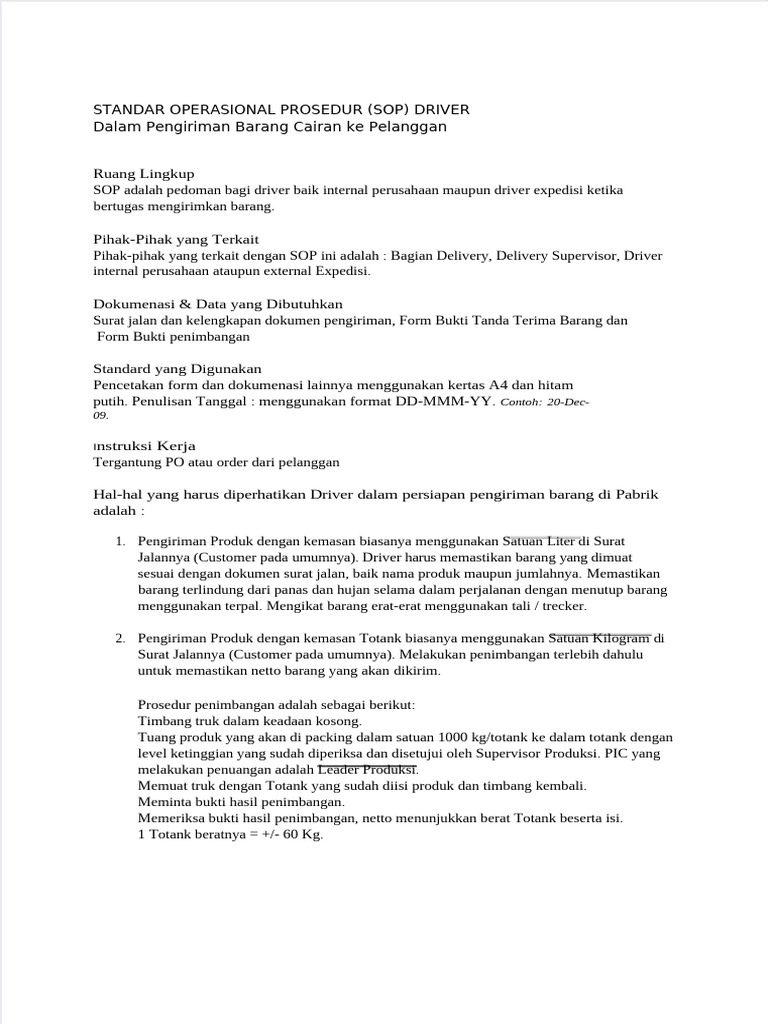 Dokumen - Tips Standar Operasional Prosedur Driver Dalam Pengiriman ...