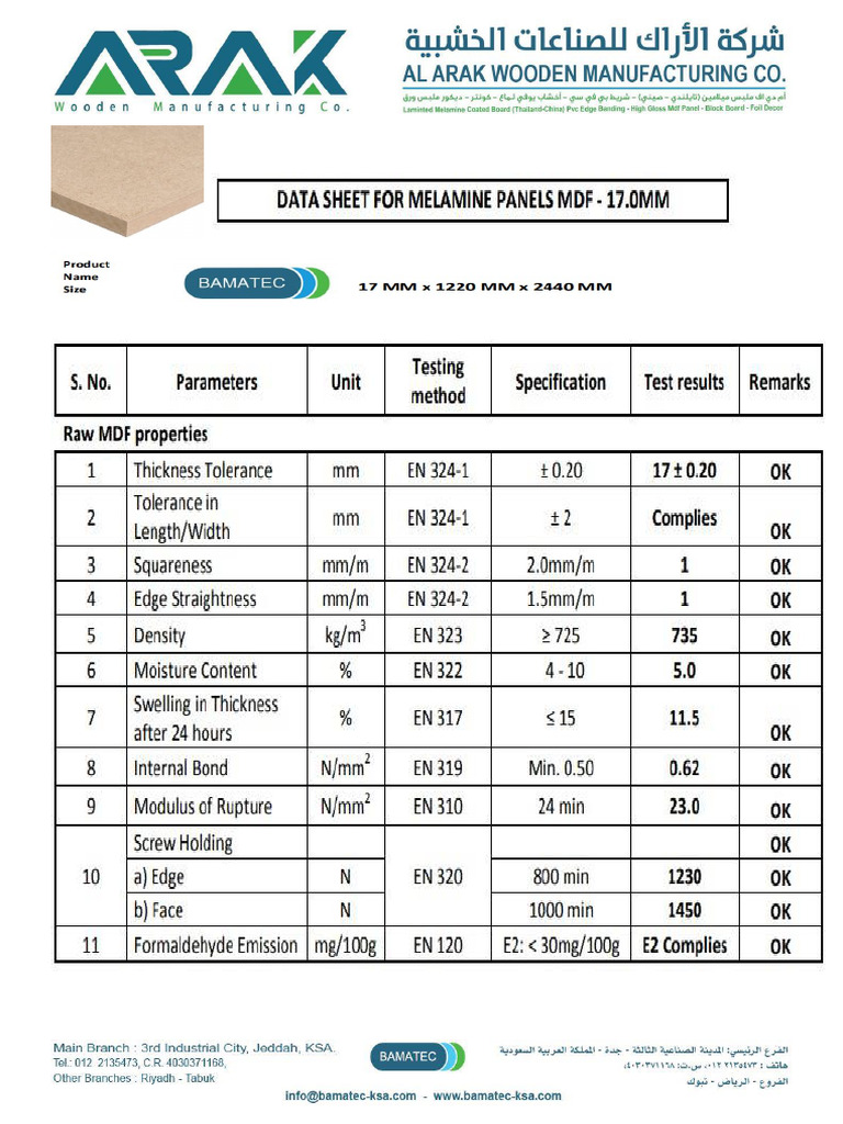 Arak Technical Data Sheet Raw MDF 17mm X 1220mm X 2440mm | PDF
