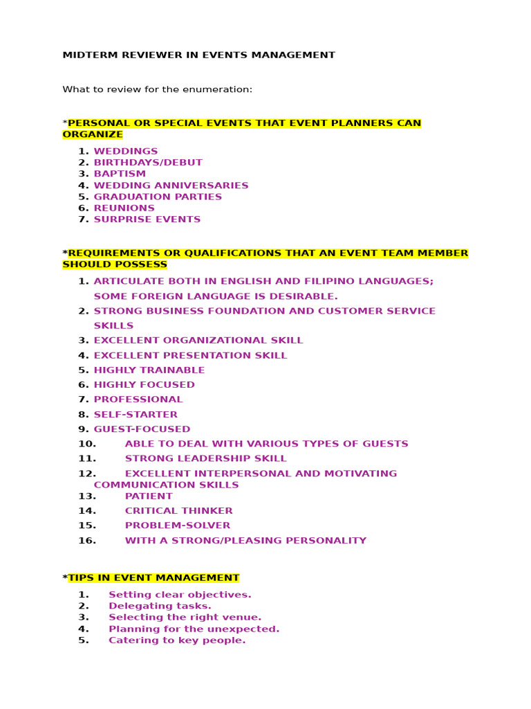 Midterm Reviewer in Events Management | PDF