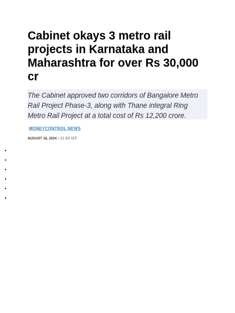 Cabinet Okays 3 Metro Rail Projects in Karnataka | PDF