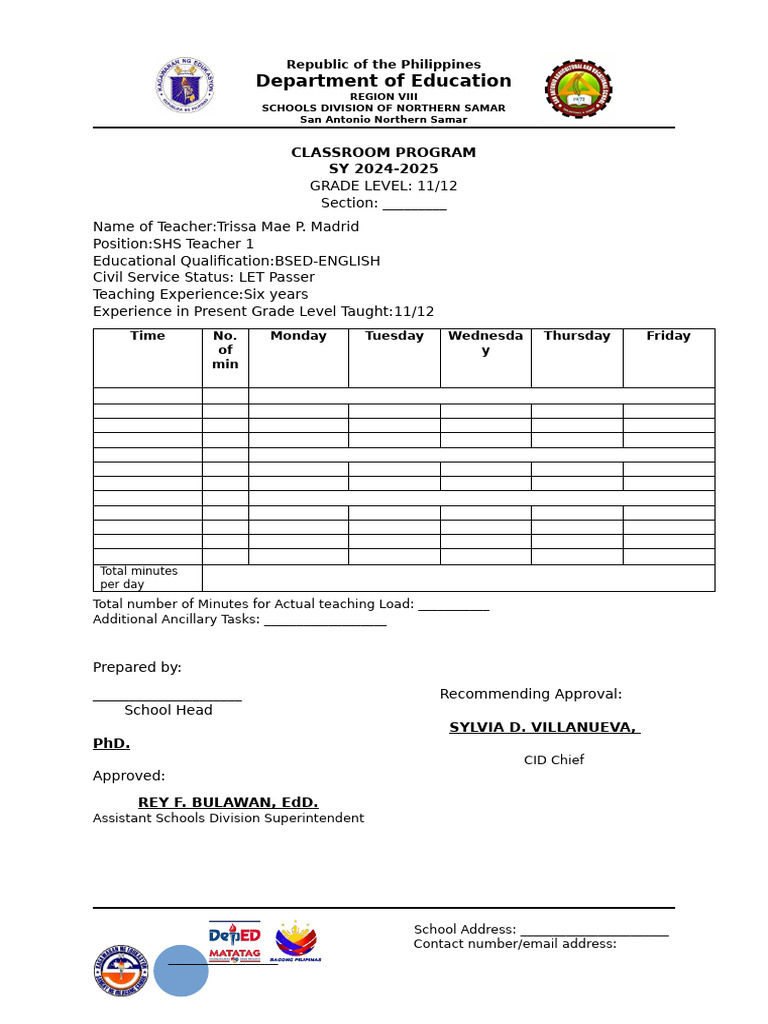 Sample CLASSROOM PROGRAM For Senior High School | PDF