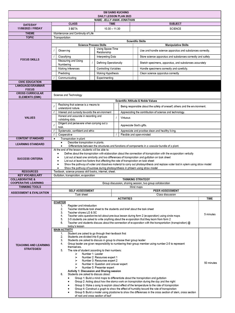 Contoh Rancangan Pengajaran | PDF