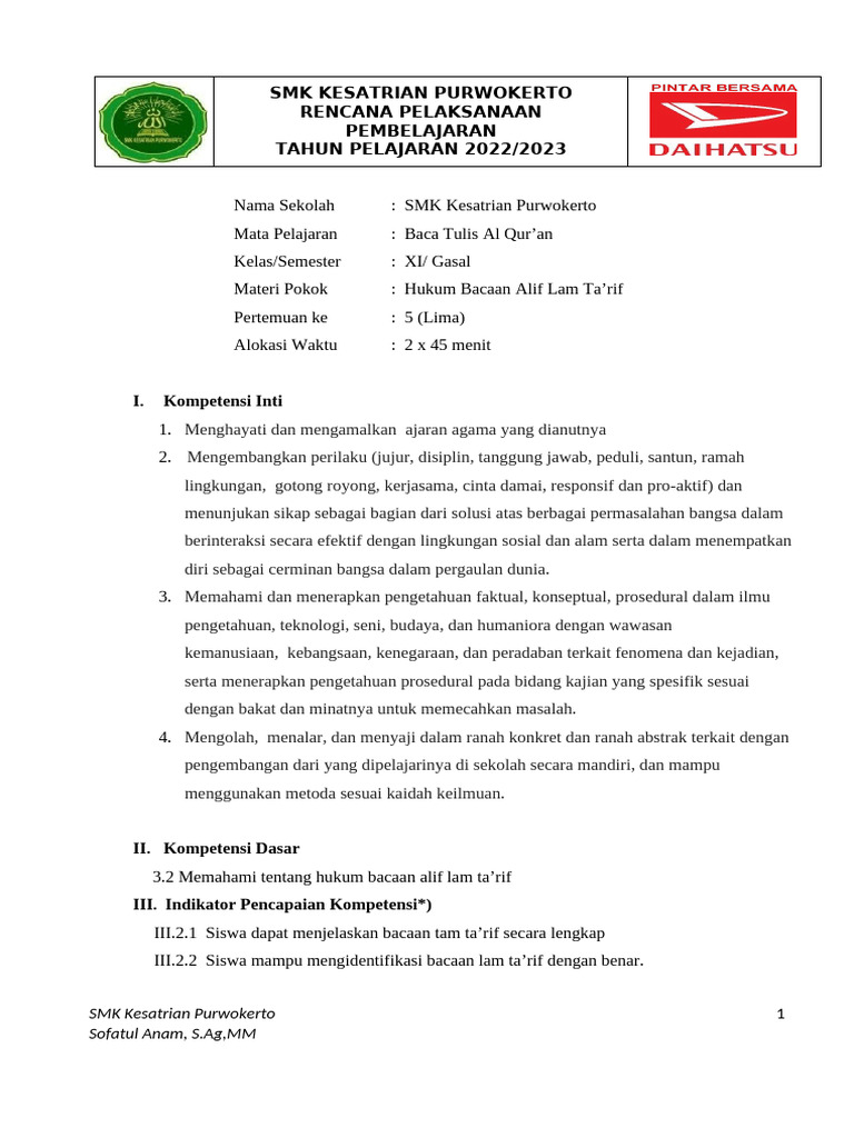 RPP 5 Lam Ta'rif | PDF