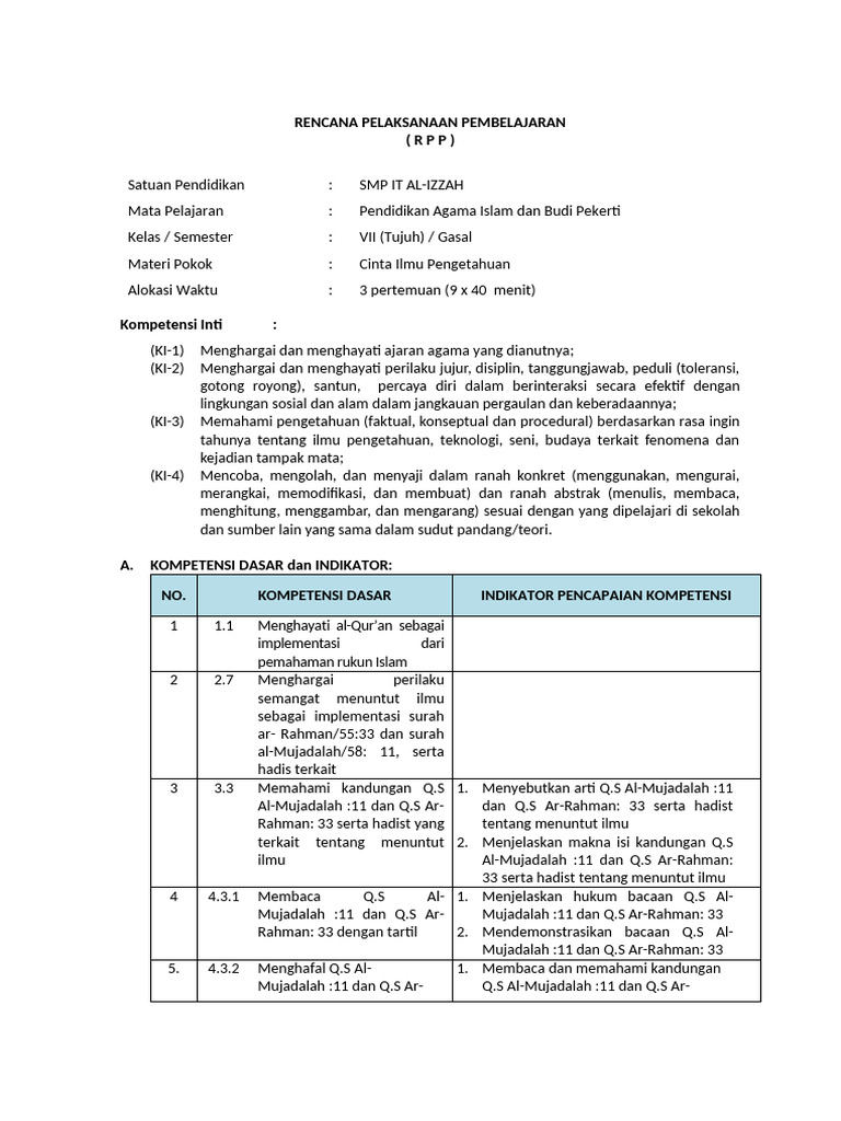 RPP MGMP PAI - Kls VII - Cinta Ilmu - Jenal Kuningan | PDF