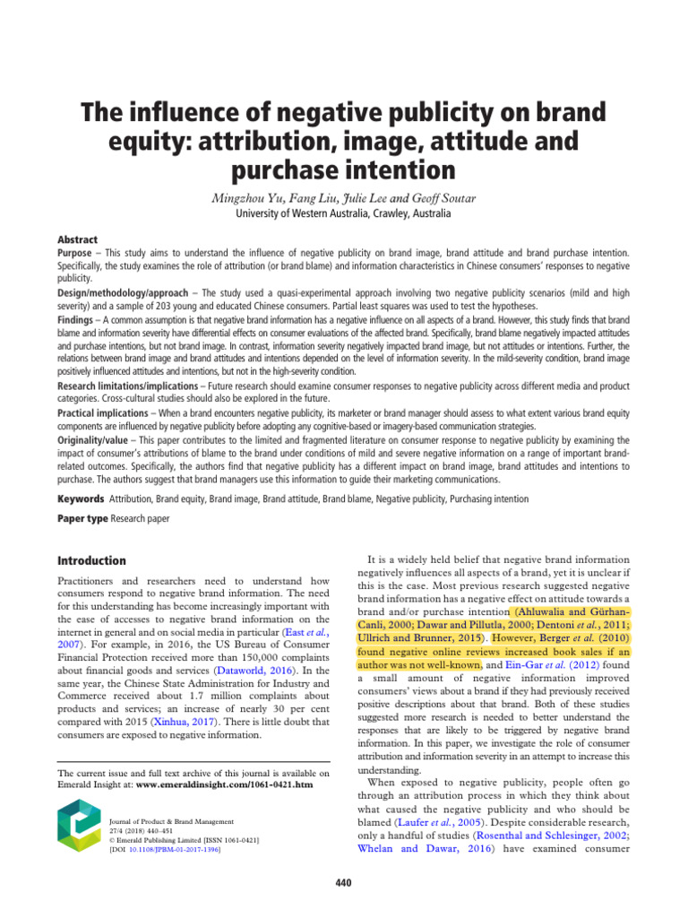 Yu Etal - 2018 - The Influence of Negative Publicity On Brand Equity Attribution Image Attitude ...