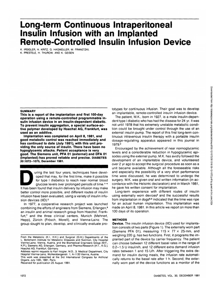 Long-Term Continuous Intraperitoneal Insulin Infusion With An Implanted ...