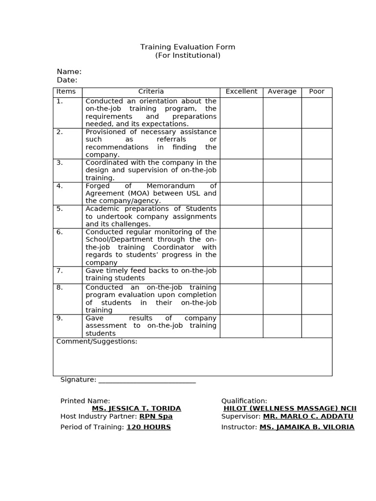 Training Evaluation Form | PDF | Evaluation | Cognition