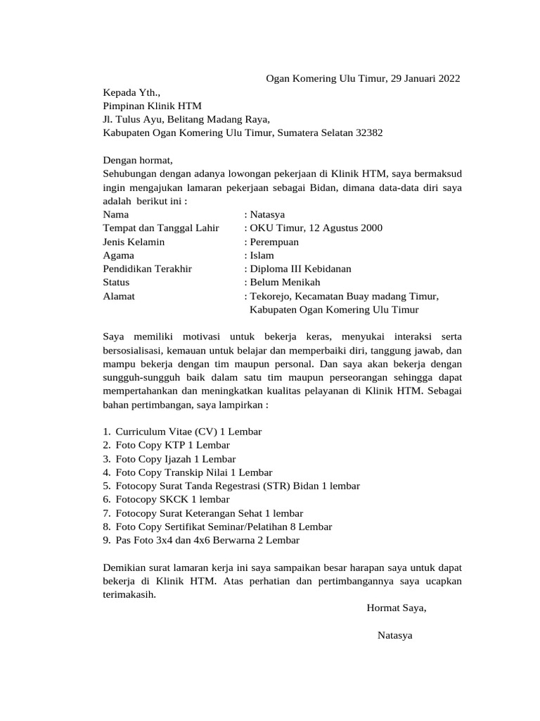 Surat Lamaran Kerja TASYA HTM | PDF