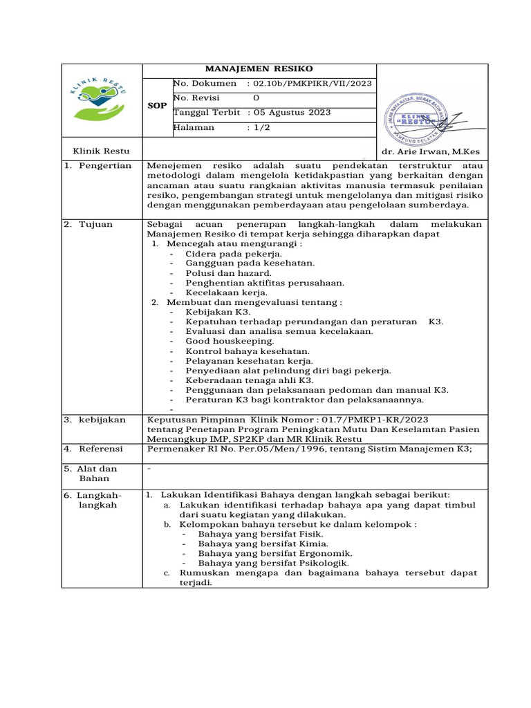 PMKP 1.4.1 Sop Manajemen Resiko | PDF