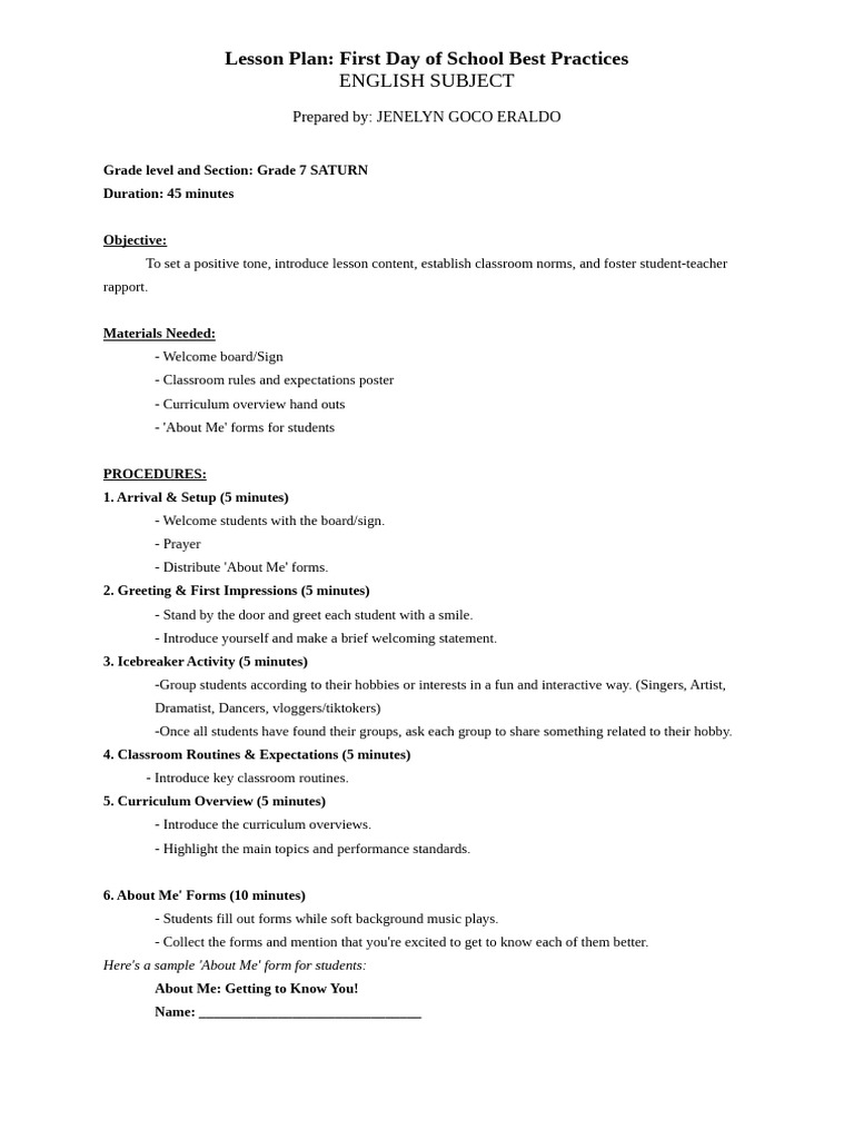 Lesson Plan Day 1 Quarter 1 | PDF