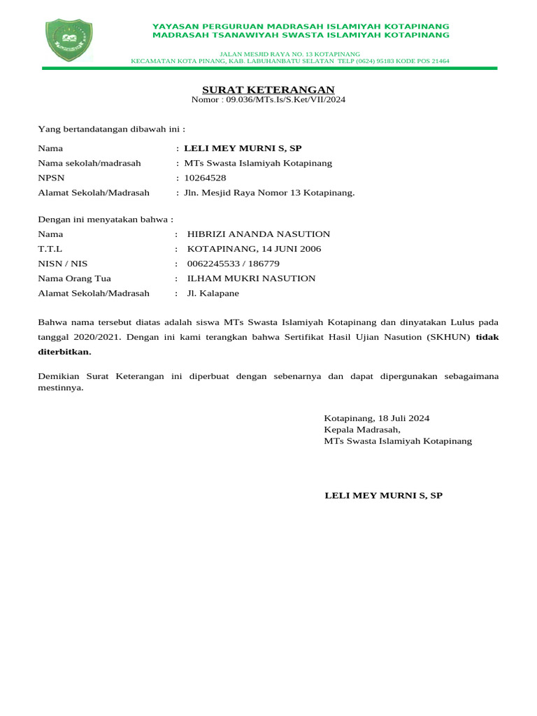 SURAT KETERANGAN Tidak Menerbitkan Skhu | PDF