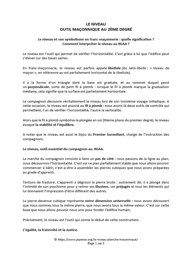 Le Niveau Outil Maconnique Au 2eme Degre (3 Pages - 180 Ko) | PDF