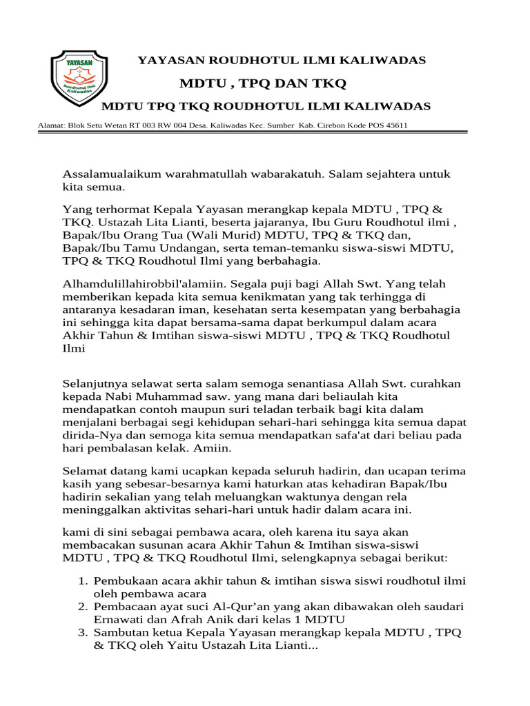 TEKS MC ACARA IMTIHAN | PDF