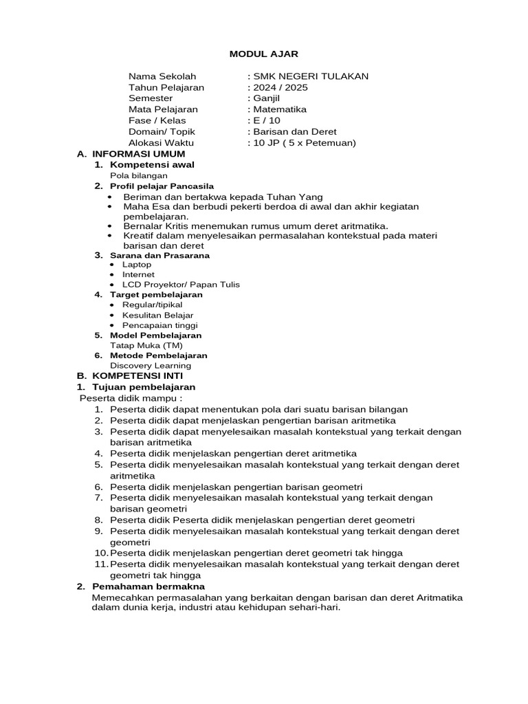 MODUL AJAR MATEMATIKA X TKR 2024 | PDF
