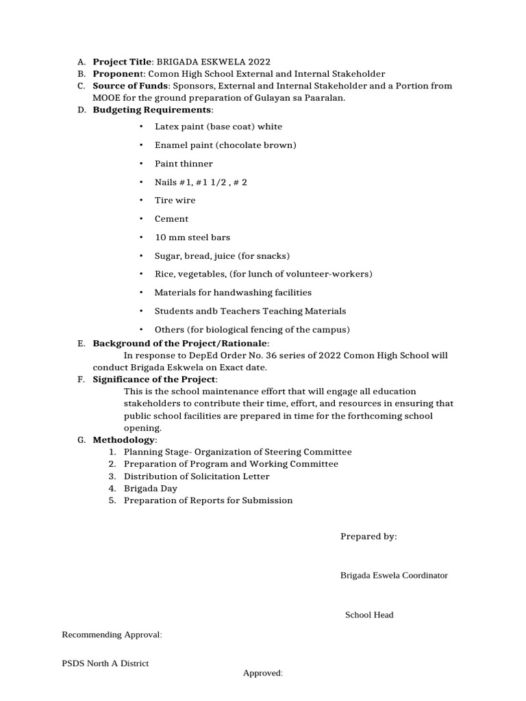 Project Proposal in Brigada Eskwela 2019 | PDF