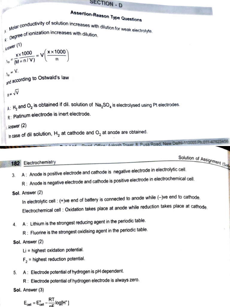 Assertion Reasoning Electrochemistry And Chemical Kinetics Pdf