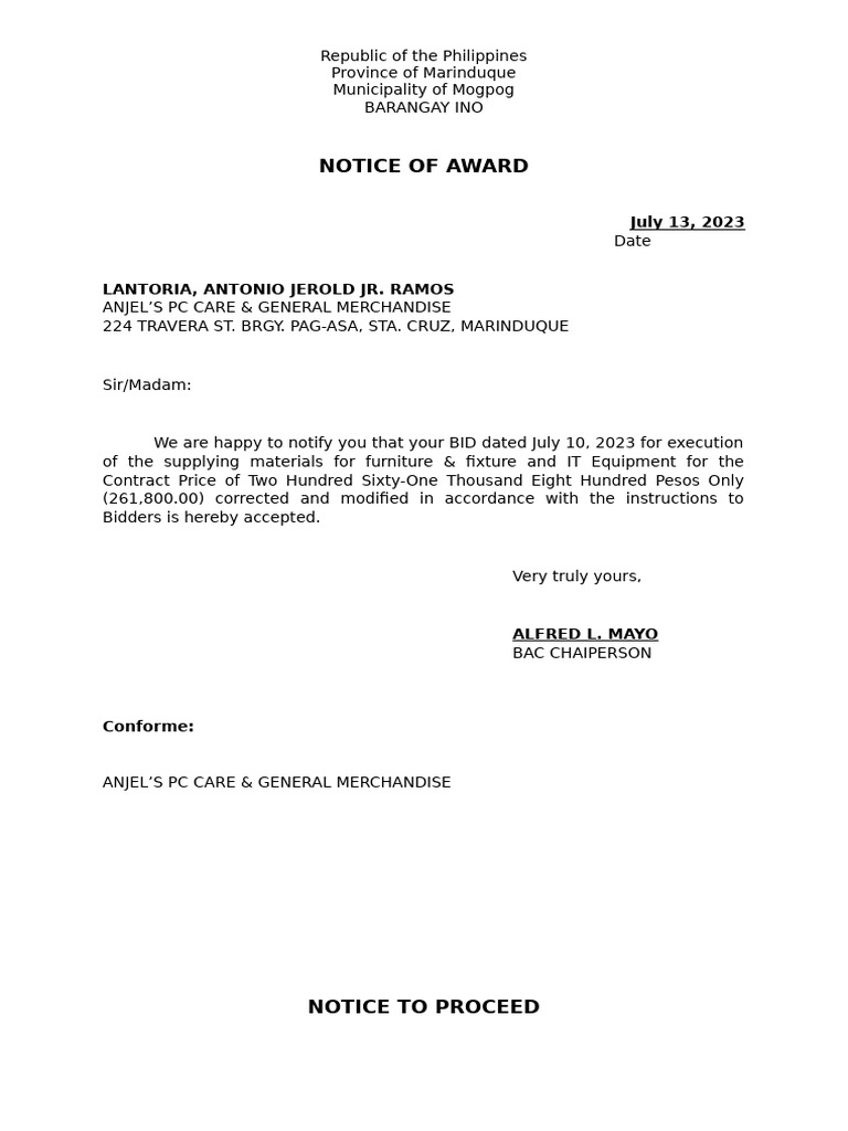 Notice of Award SK | PDF