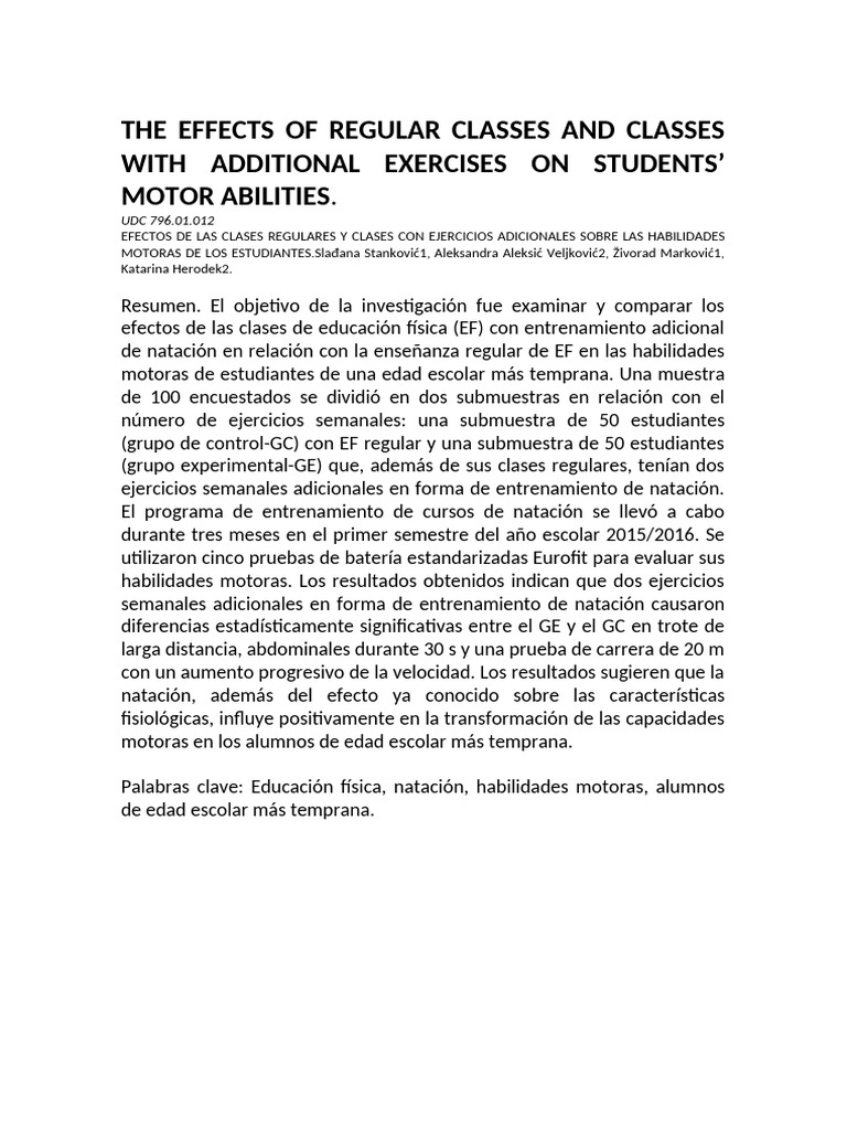 The Effects Of Regular Classes And Classes With Additional Exercises On 8426