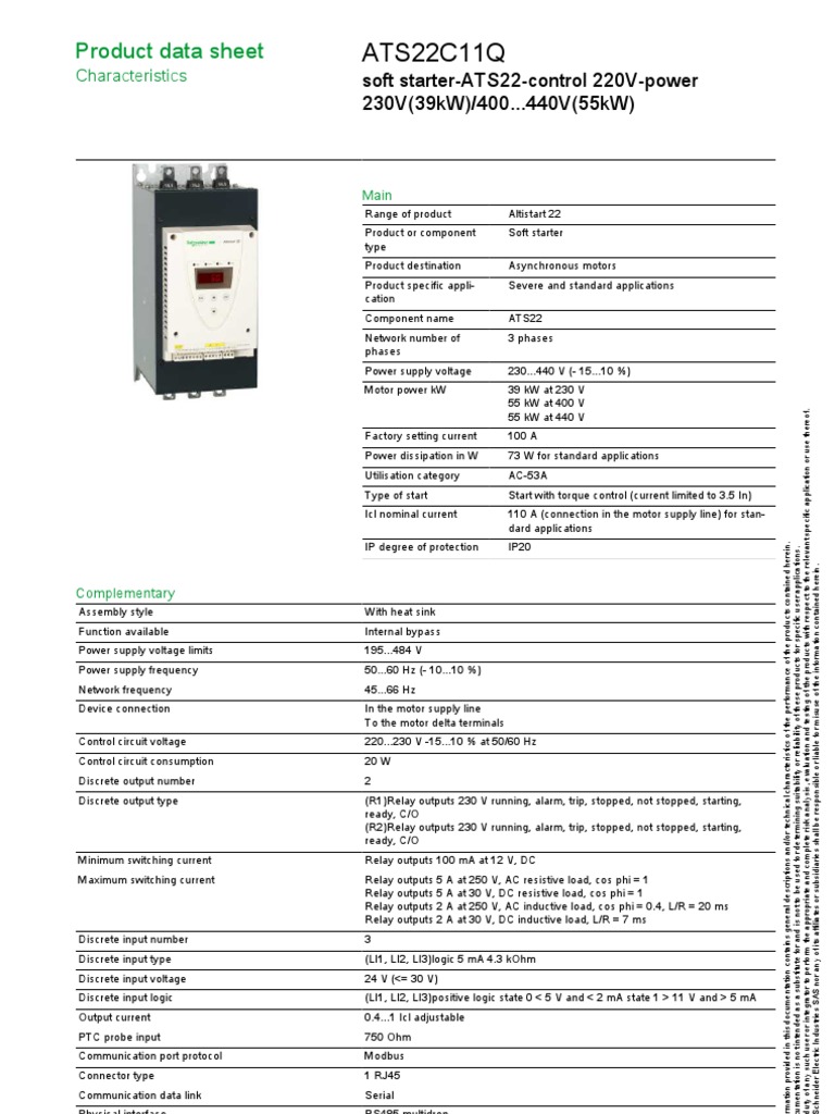 Product Overview and Technical Specifications for ATS22C11Q Soft ...