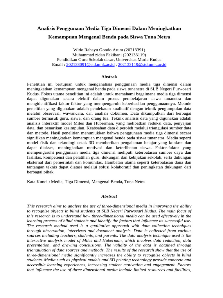 Analisis Penggunaan Media Tiga Dimensi Dalam Meningkatkan Kemampuan Mengenal Benda Pada Siswa ...
