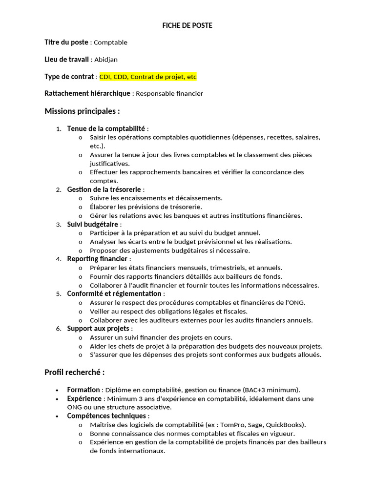FICHE DE POSTE Comptable | PDF