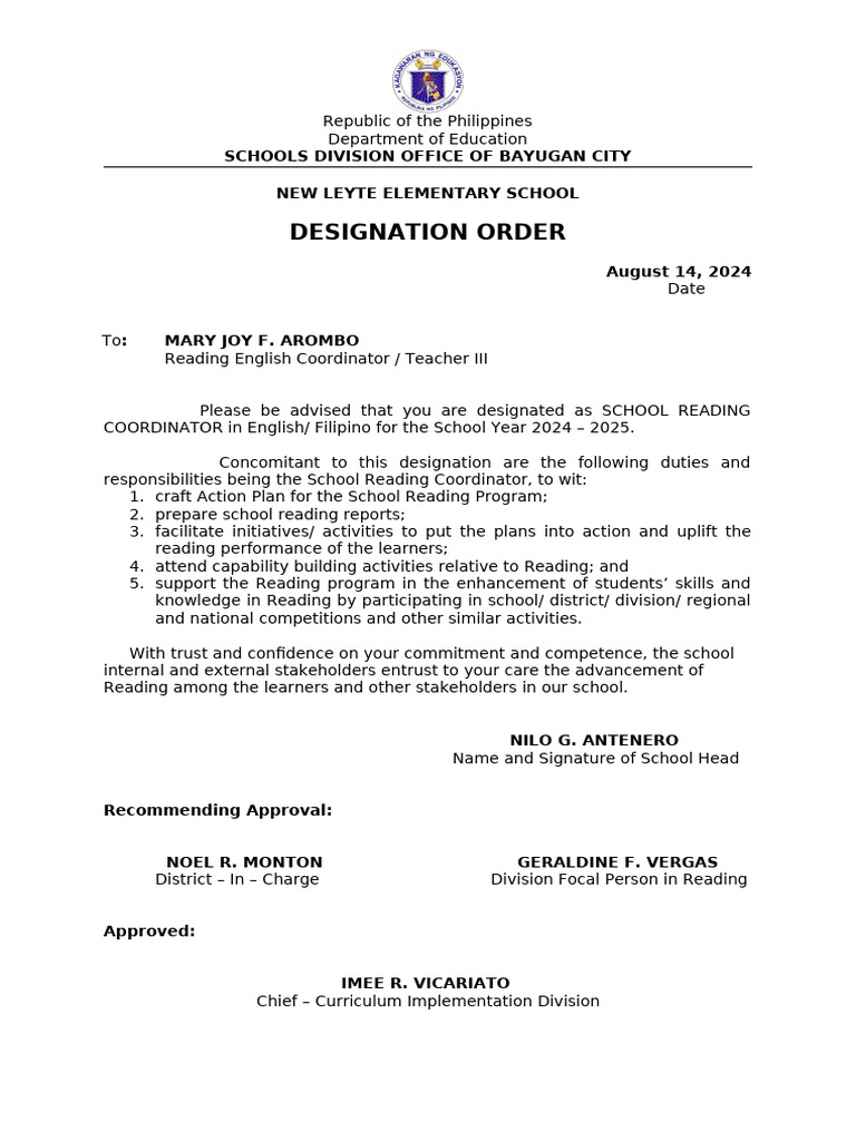 Designation As Reading Coordinator | PDF