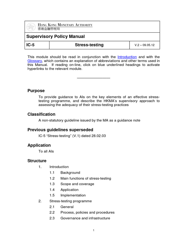 HKMA - Stress Testing Guideline | PDF