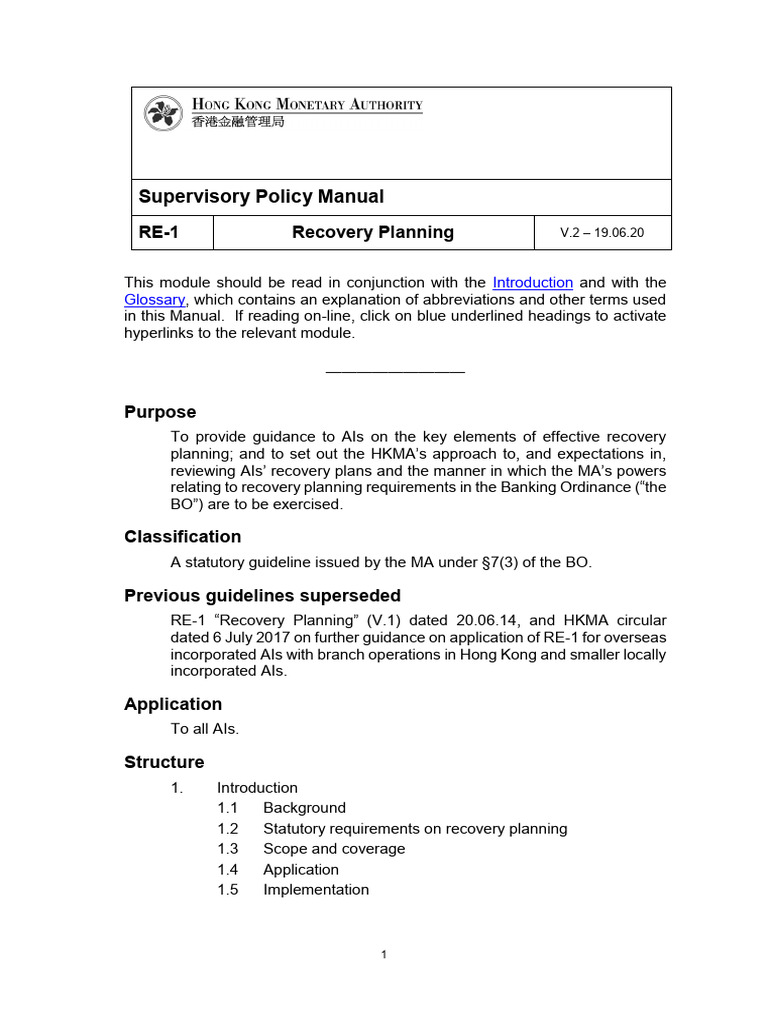 HKMA - Recovery Planning Guideline | PDF