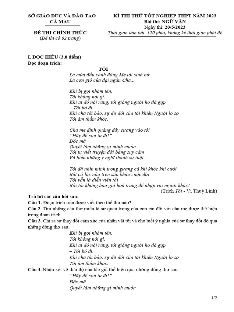 De Thi Thu Tot Nghiep THPT Nam 2023 Mon Ngu Van So GDDT Ca Mau | PDF