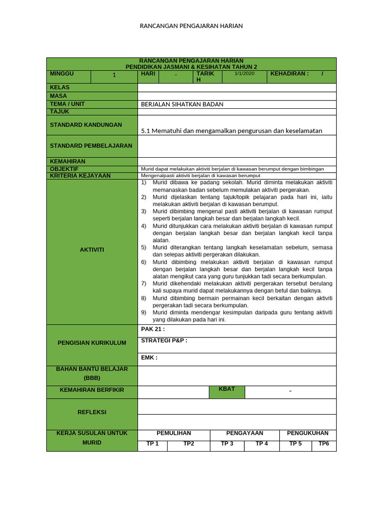 RPH PJK Tahun 2 Unit 1 Berjalan Sihatkan Badan | PDF