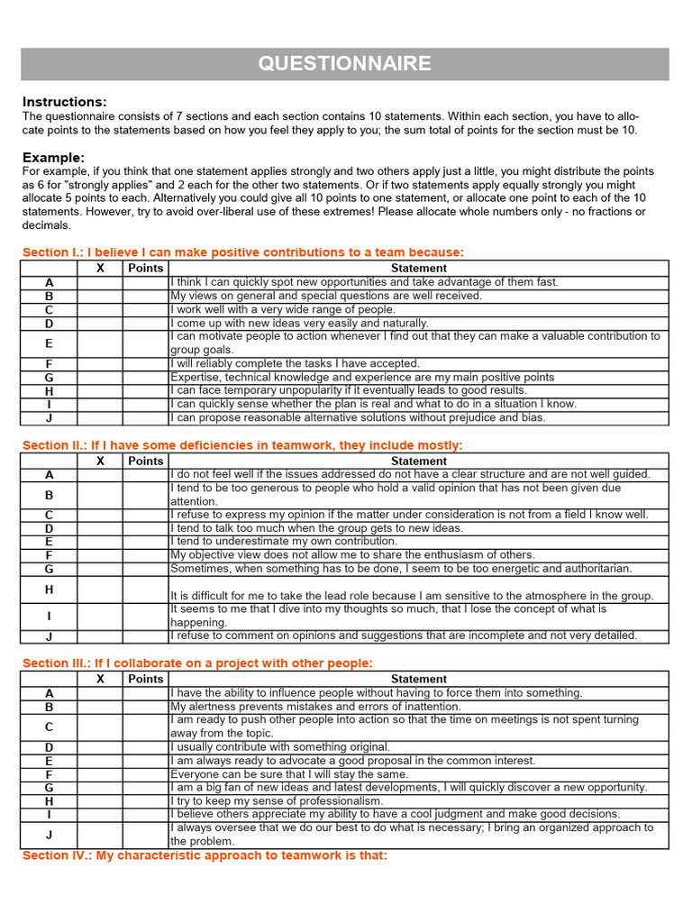 Belbin Team Role Questionnaire | PDF