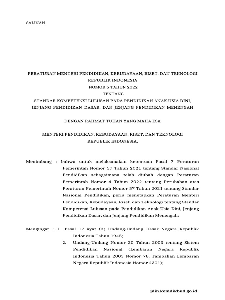 PERMENDIKBUDRISTEK NOMOR 5 TAHUN 2022 | PDF