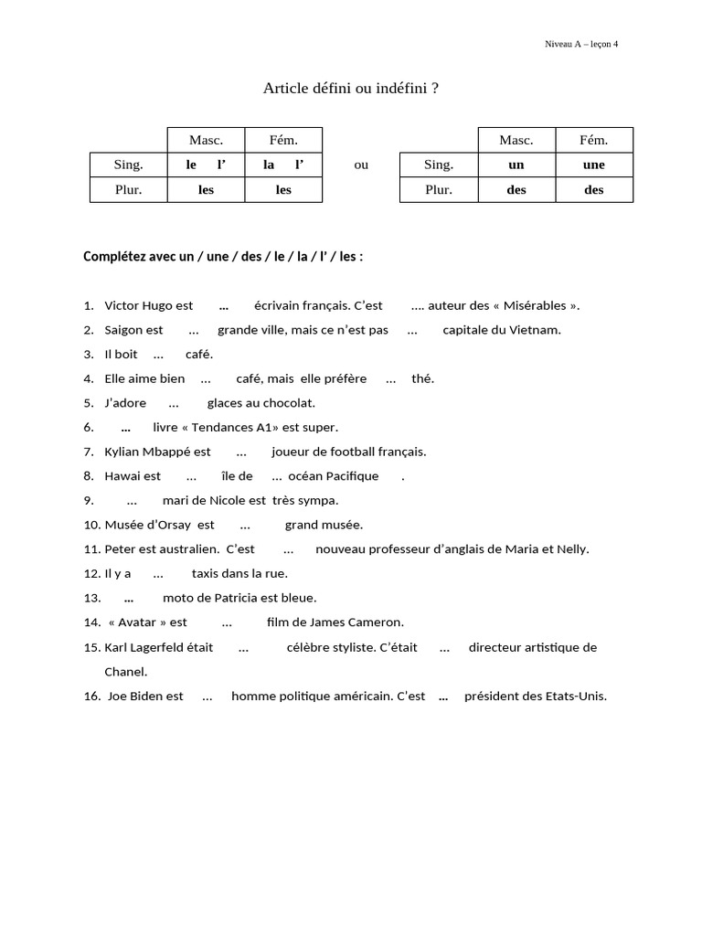 Défini Ou Indéfini Ex. | PDF