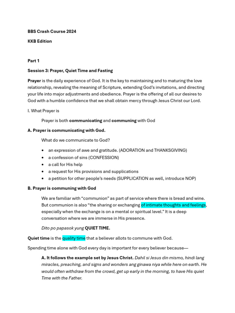 BBS Crash Course Part 1 Session 3 Prayer and Fasting | PDF