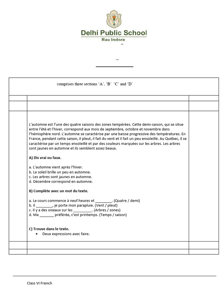 Class VI French Annual Exam Sample Paper | PDF