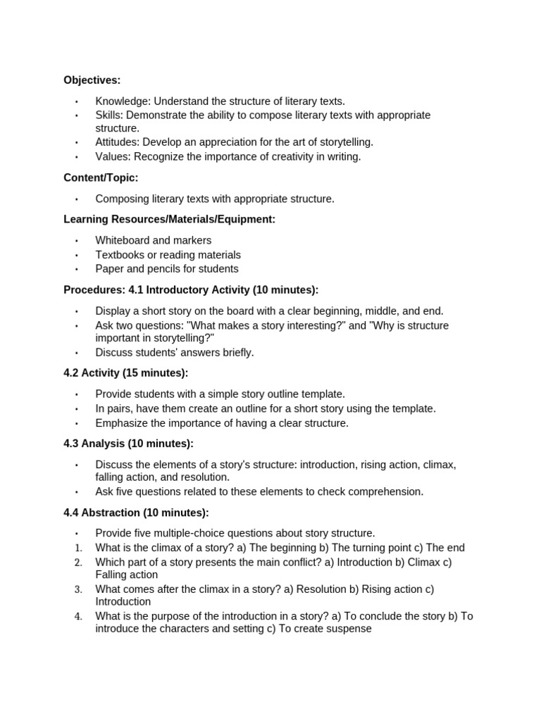 Composing Literary Texts With Appropriate Structure | PDF | Plot ...