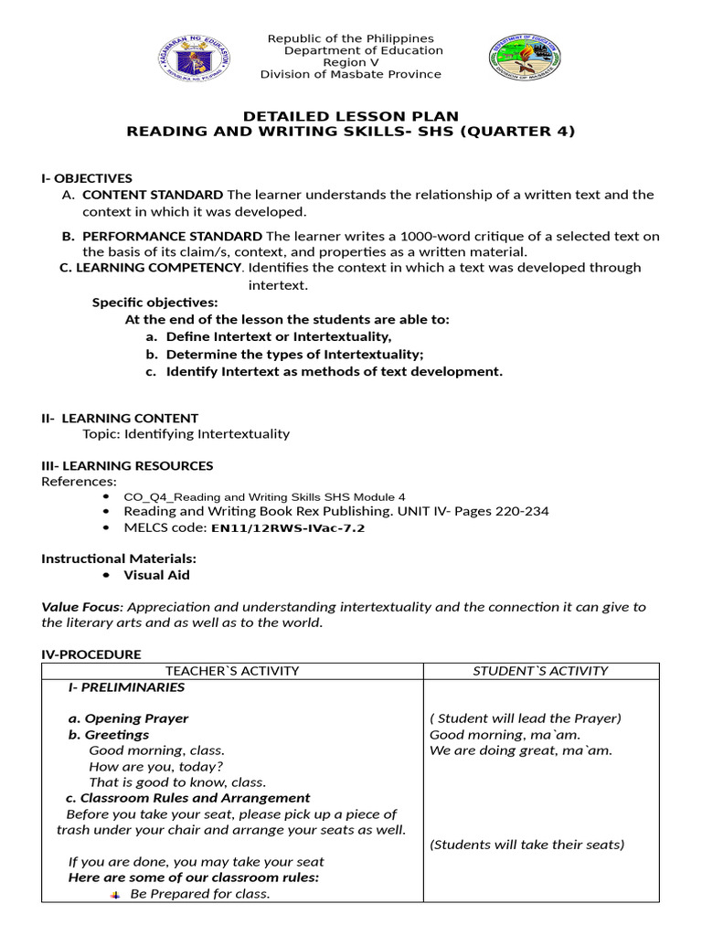 Lesson Plan in Reading and Writing | PDF