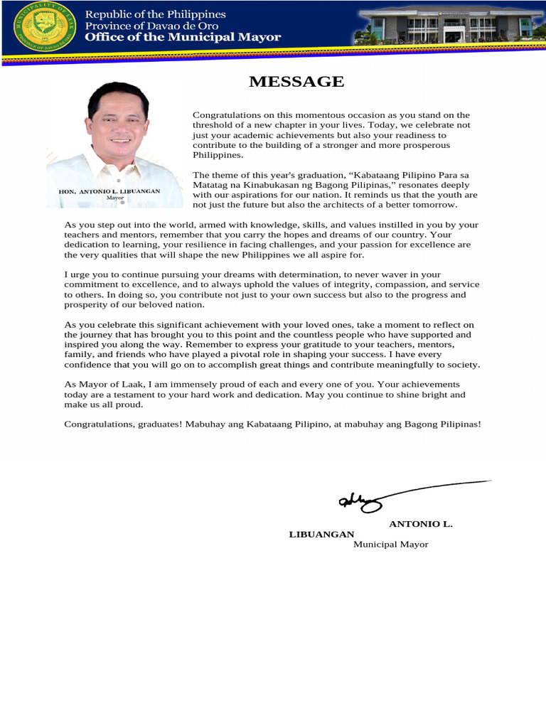Mayors Message For Graduation | PDF