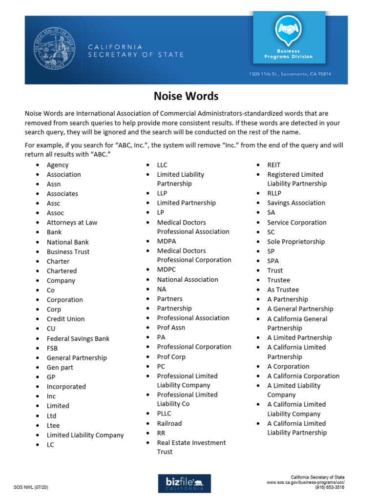 UCC Noise Words List | PDF | Limited Liability Company | Corporations