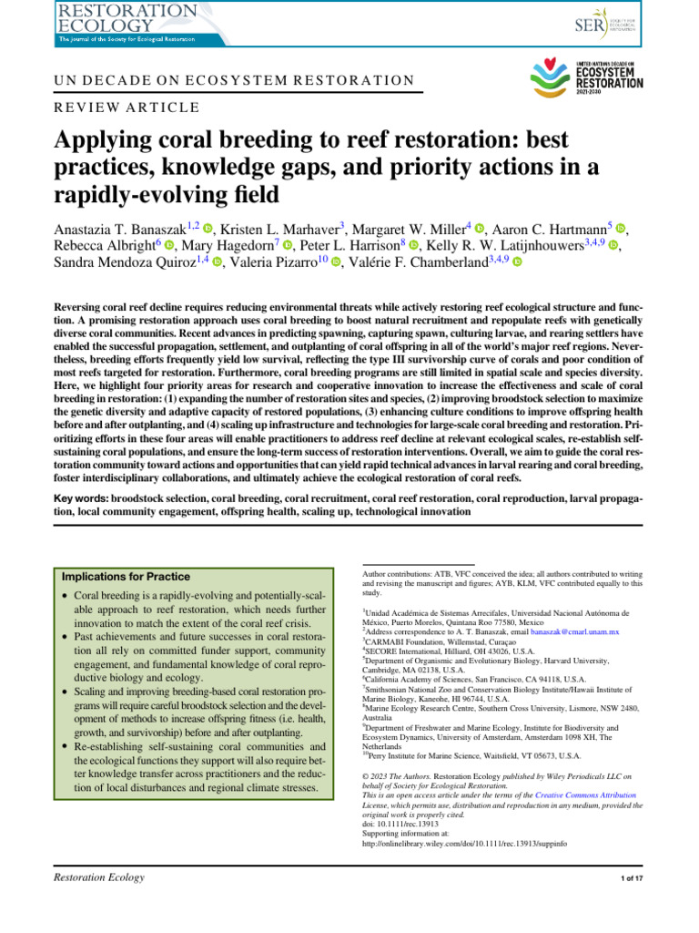 Applying coral breeding to reef restoration: best practices, knowledge ...
