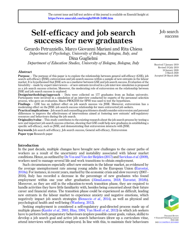 Self-efficacy and job search success for new graduates | PDF