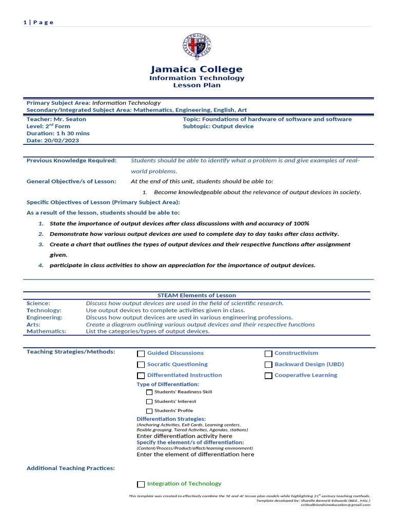 Grade 8 Foun of Hardware and Software - Output Devices Lesson Plan | PDF
