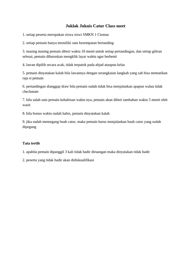 Juklak Juknis Catur Classmeet SMKN 1 Ciomas | PDF