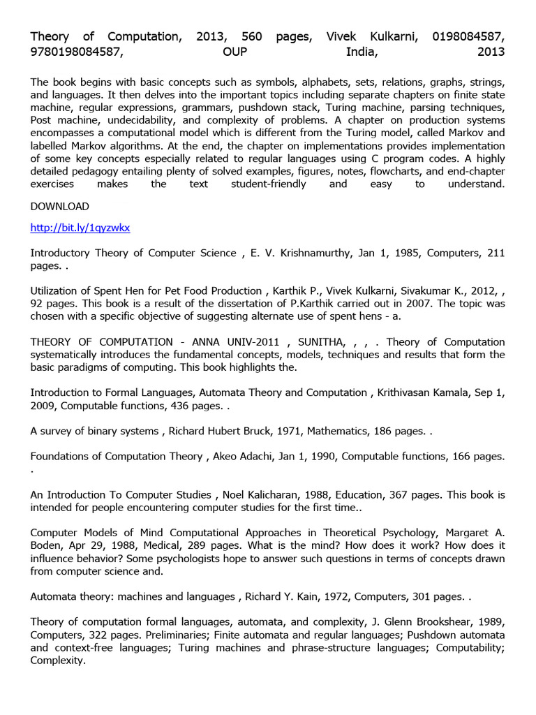 Theory of Computation 2013 560 Pages Vivek Kulkarni Oup India 2013 Compress | PDF