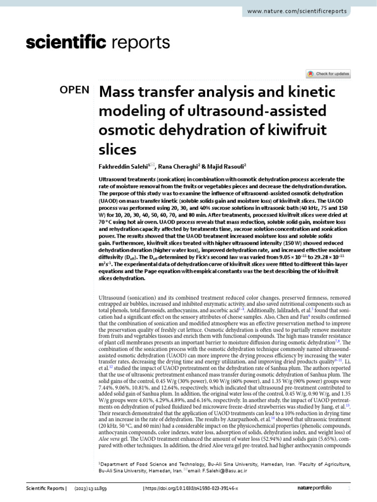 7 Mass Transfer Analysis And Kinetic Modeling Of Ultrasound Assisted Osmotic Dehydration Of