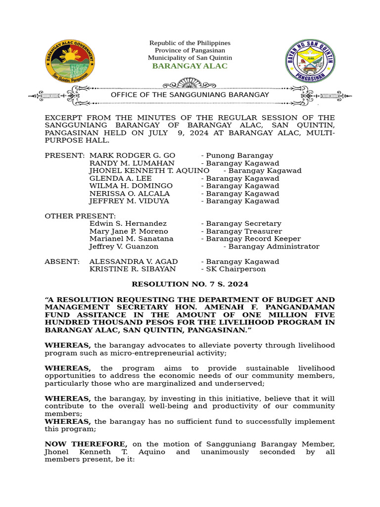 Resolution Barangay For Livelihood | PDF | Cooking, Food & Wine | Home ...