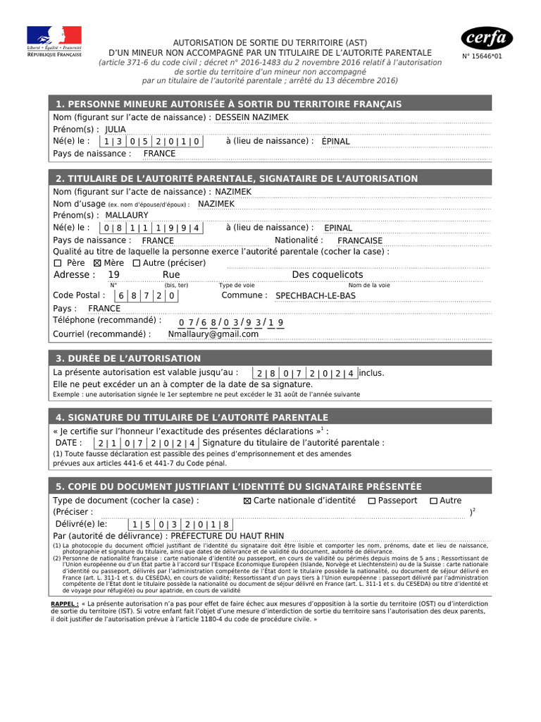 Autorisation de Sortie Du Territoire (Ast) D'Un Mineur Non Accompagné Par Un Titulaire de L ...