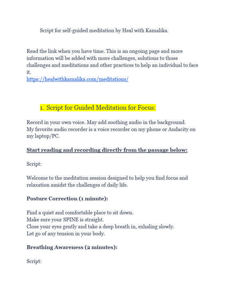 Script For Self-Guided Meditation by Heal With Kamalika | PDF