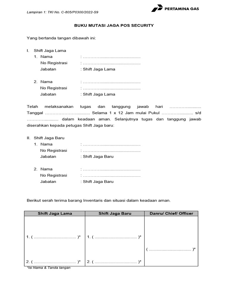 Lampiran 1. Buku Mutasi Jaga Pos Security | PDF