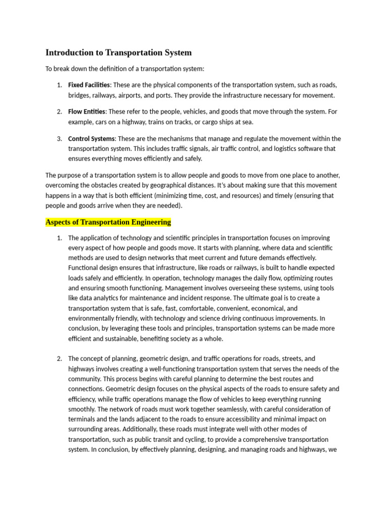 Introduction To Transportation System | PDF